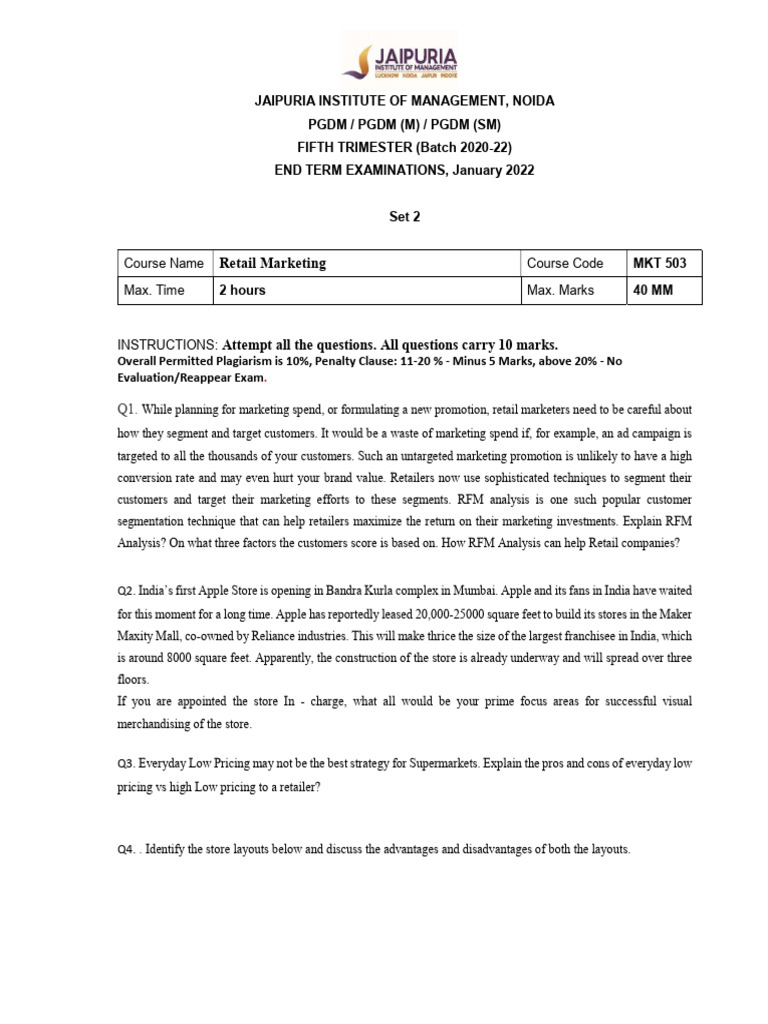 Retail Marketing Question Paper | PDF