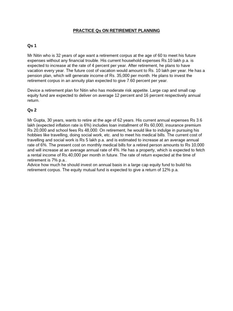 Practice Qs ON RETIREMENT PLANNING | PDF
