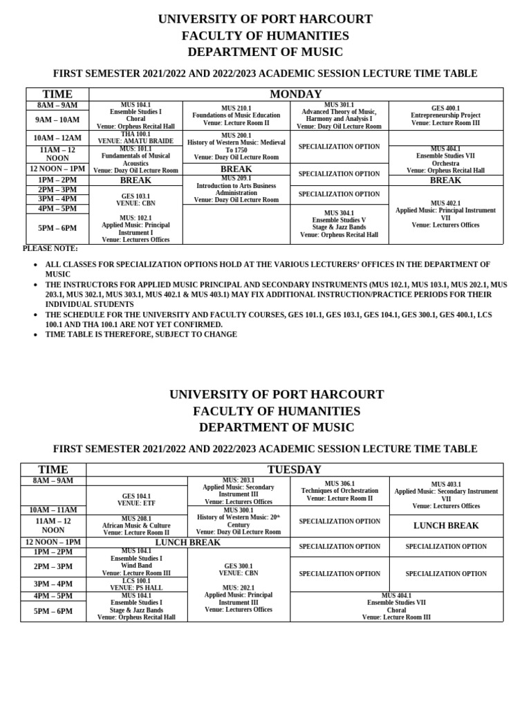 Updated First Semester 2021 2022 Academic Session Lecture Time Table-2-1-Final | PDF | Music ...