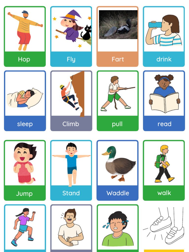 Colorful Fun Action Verbs Flashcards | PDF