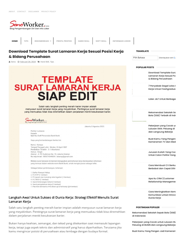 Template Surat Lamaran Kerja Gratis | PDF