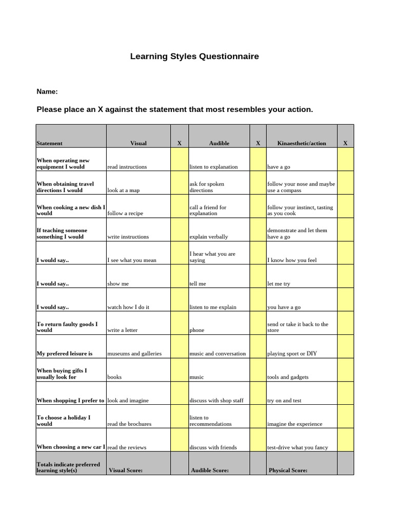 Learning Styles Assessment Questionnaire | PDF