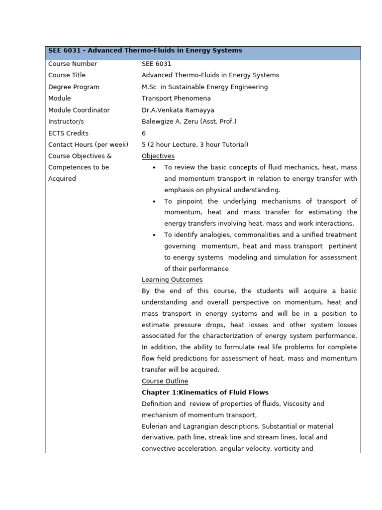 SEE 6031 Advanced Thermo-Fluids in Energy Systems | PDF | Fluid ...