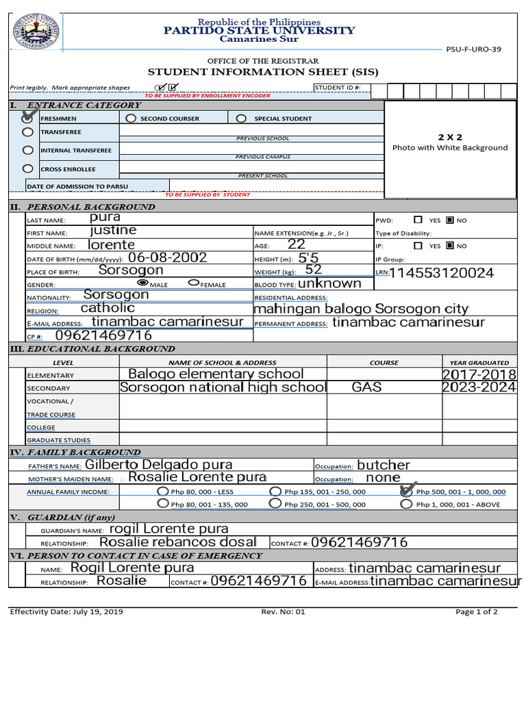 PSU-F-URO-39 (Student Information Sheet)-editable (1) (1) | PDF
