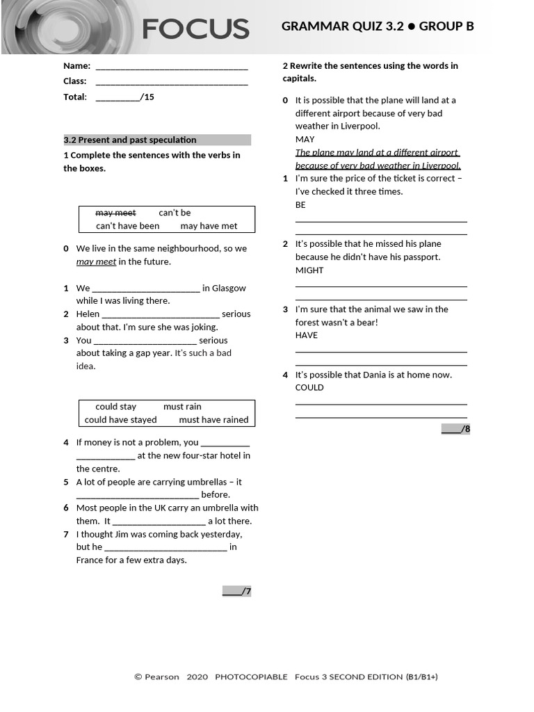 Focus3 - 2E - Grammar - Quiz - Unit3 - 2 - GroupB 2 | PDF | Languages ...