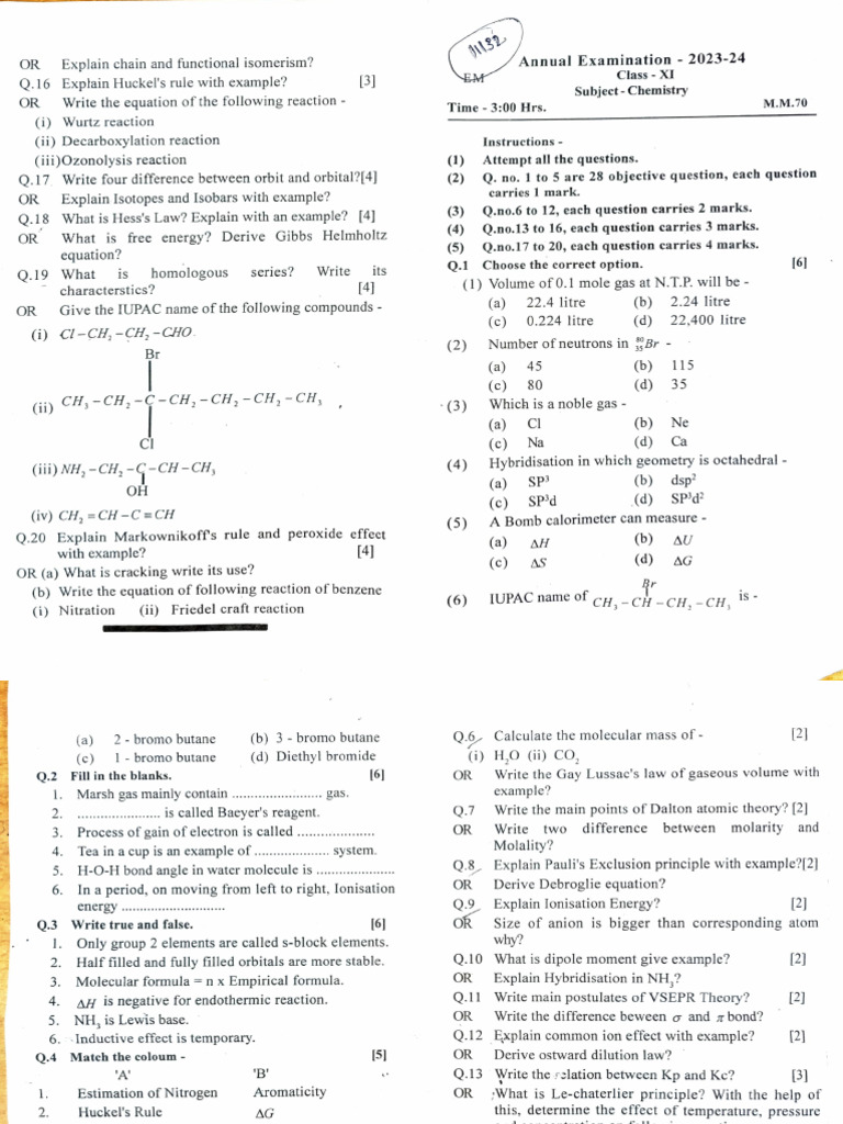Class 11 Chemistry Anual Exam em | PDF | Molecules | Chemical Bond