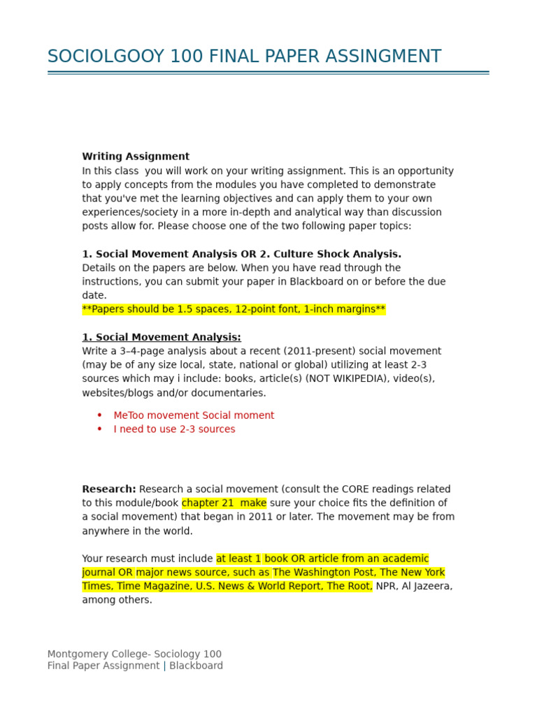 Final Paper Outline - Sociology 100 | PDF | Citation | Apa Style