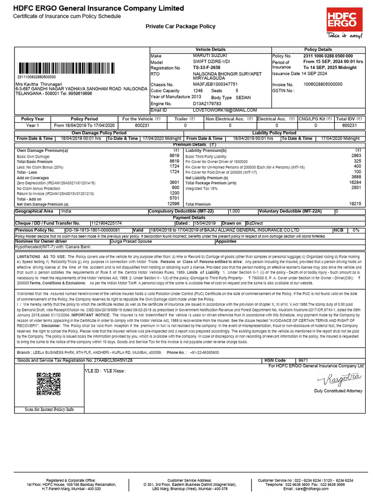 Maruti Swift Dzire Insurance Policy Details | PDF | Insurance | Deductible