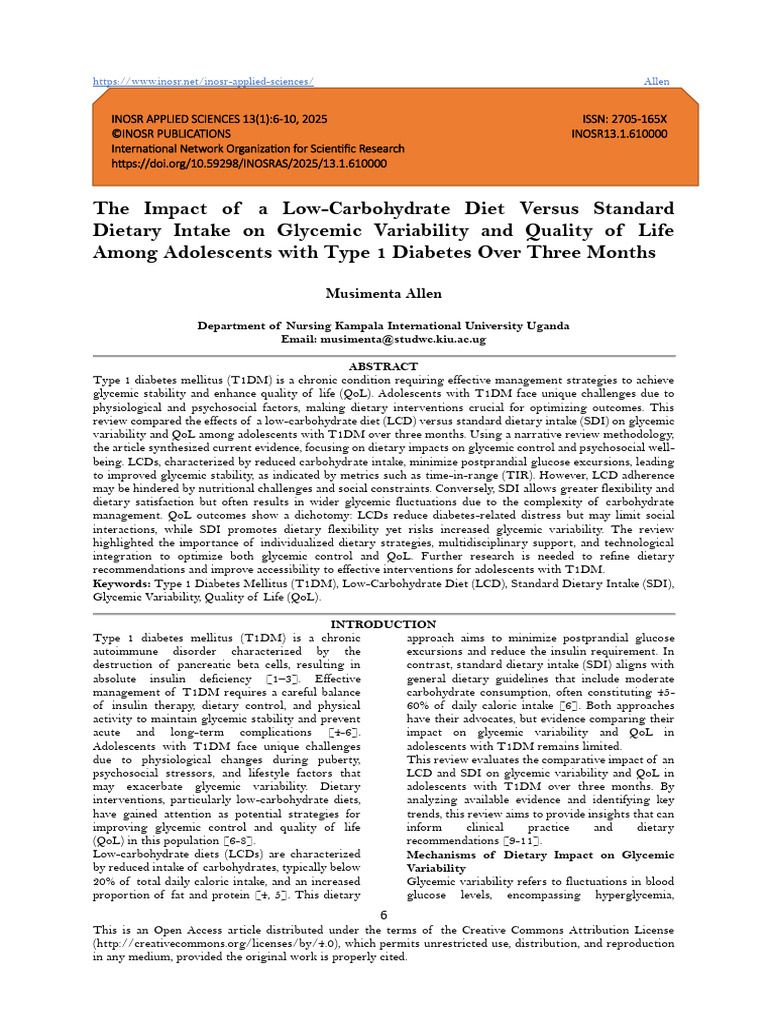 The Impact of A Low-Carbohydrate Diet Versus Standard Dietary Intake On Glycemic Variability and ...