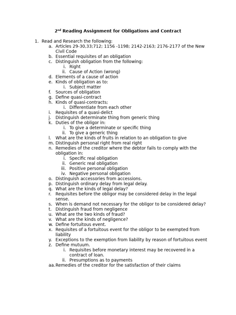 2nd Reading Assignments For Obligations and Contract | PDF