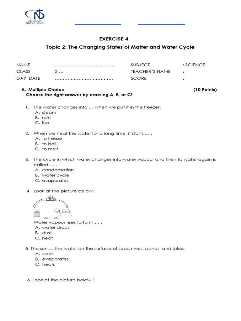 Grade 2 Science Exercise: States of Matter | PDF | Water | Water Vapor