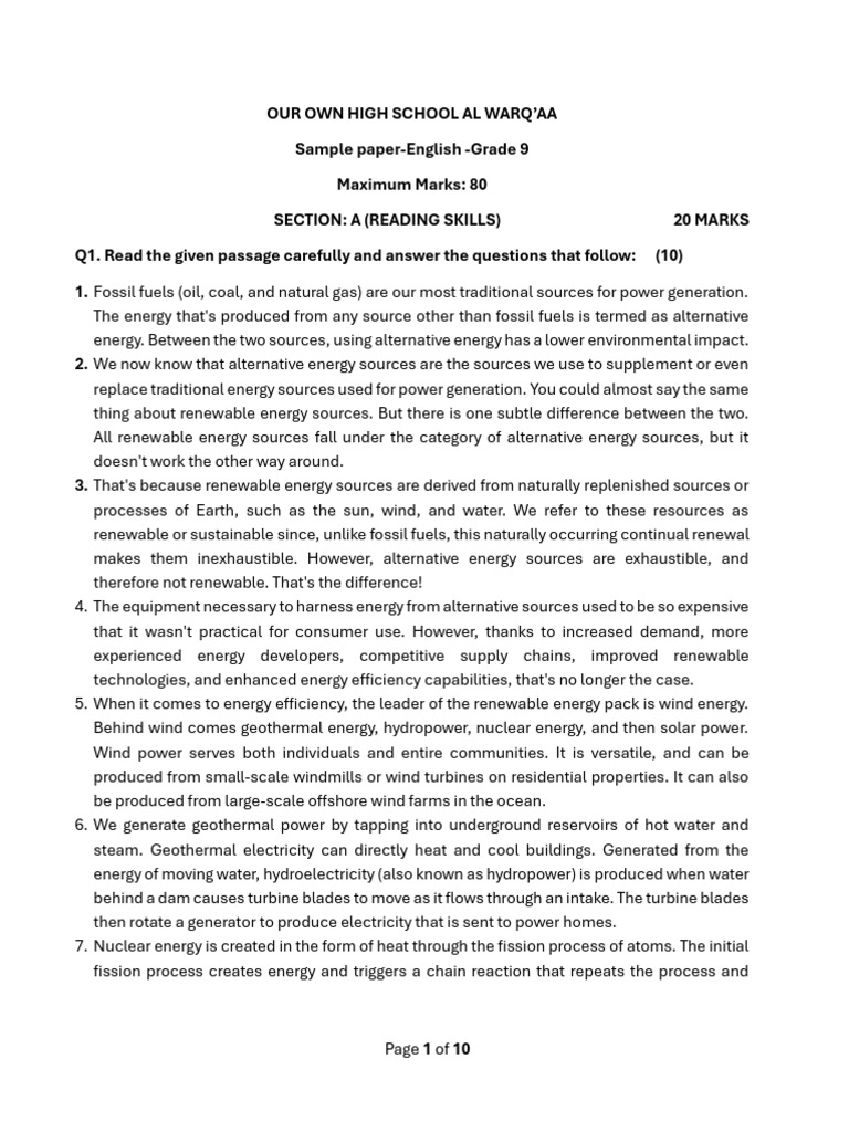 Grade 9 English Sample Paper | PDF | Energy Development | Renewable Energy