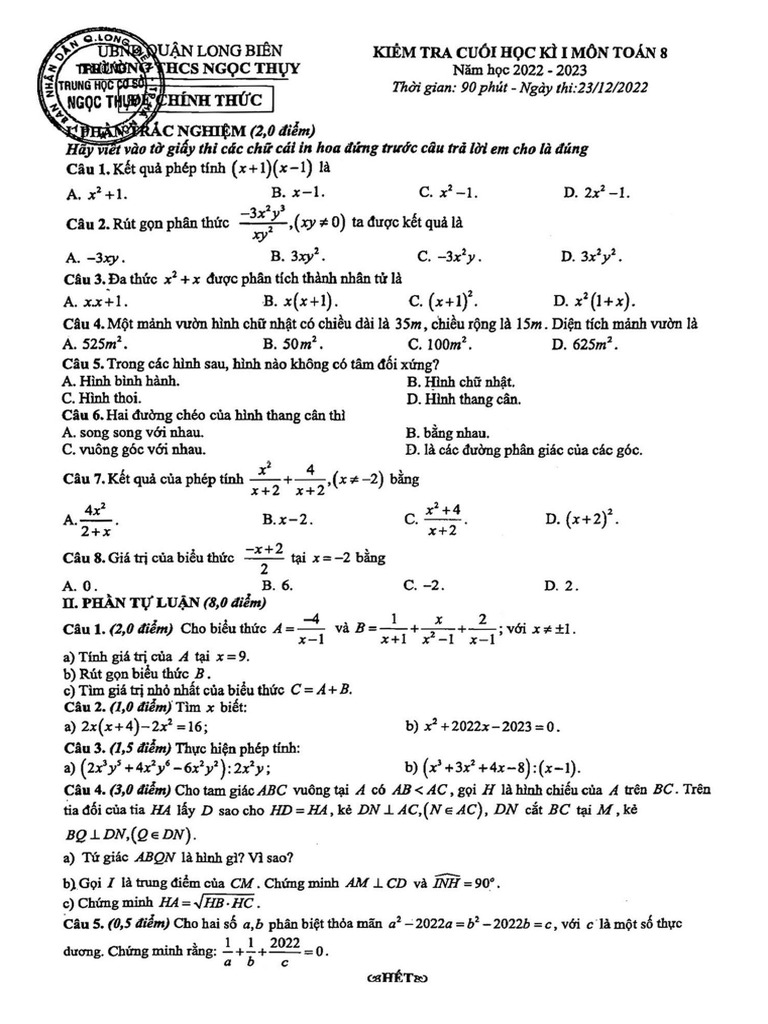 De Cuoi Hoc Ki 1 Toan 8 Nam 2022 2023 Truong Thcs Ngoc Thuy Ha Noi | PDF