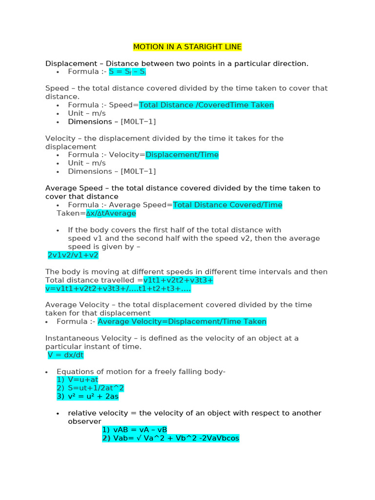 Motion in A Staright Line | PDF