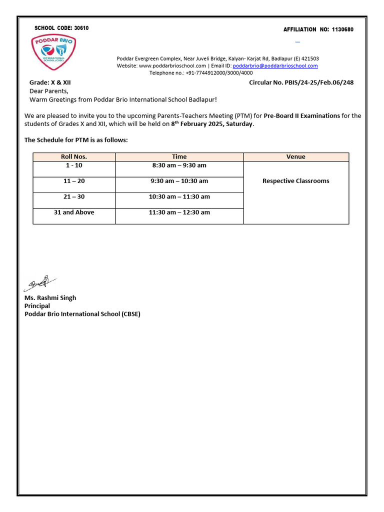 248 PTM For Grade X & XII Students On 8th February WS 24 25 | PDF
