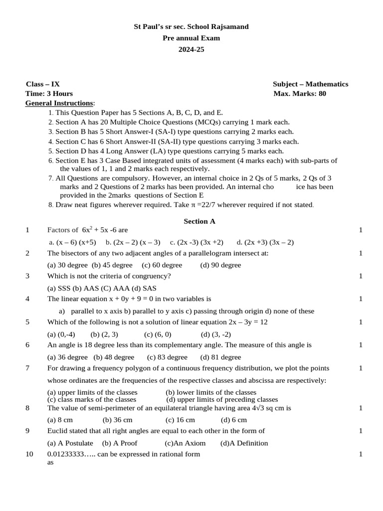 Pre Annual Maths Paper 2025-26 | PDF | Area | Triangle