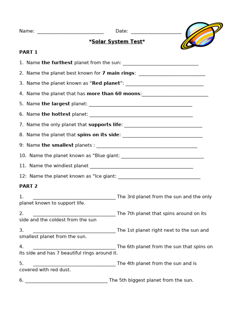 3rdGradeSolarSystemTest 1 | PDF