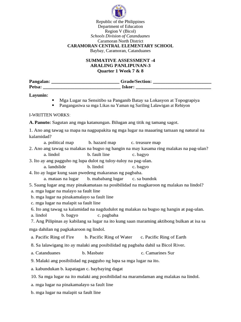 4th Summative Test AP Q1 | PDF