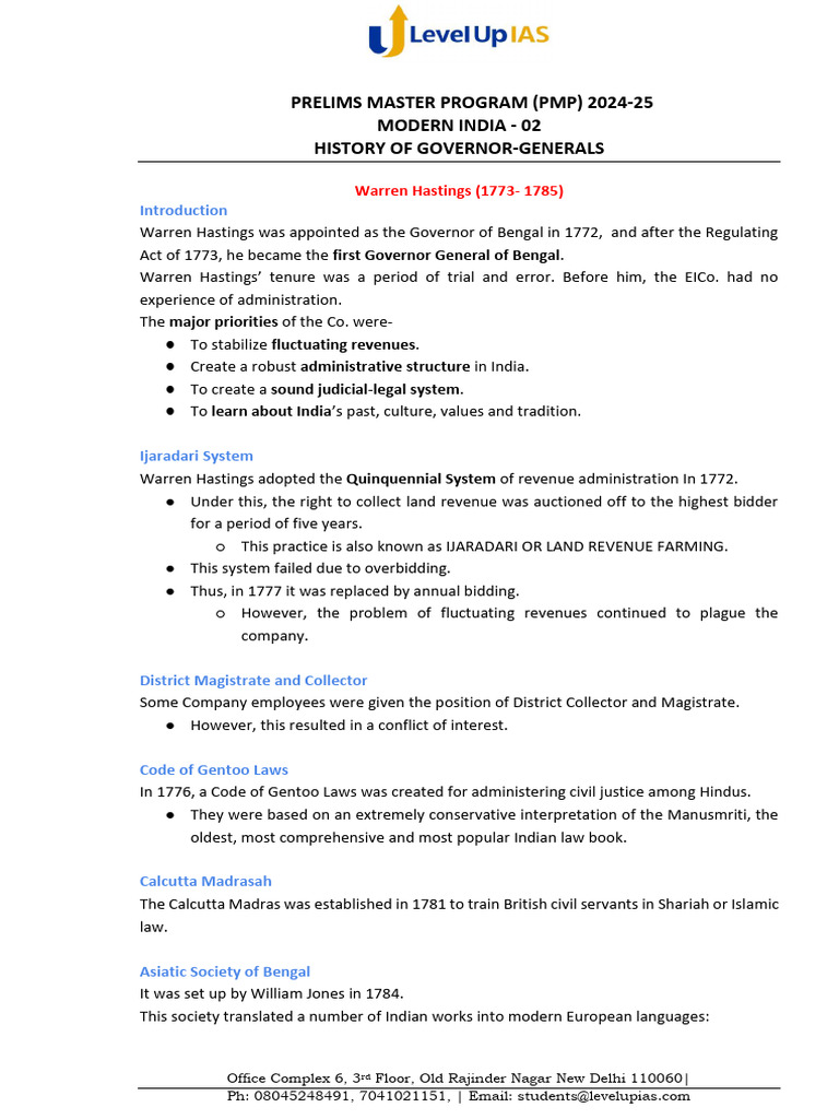 Modern India Handout 02 History of Governor Generals | PDF