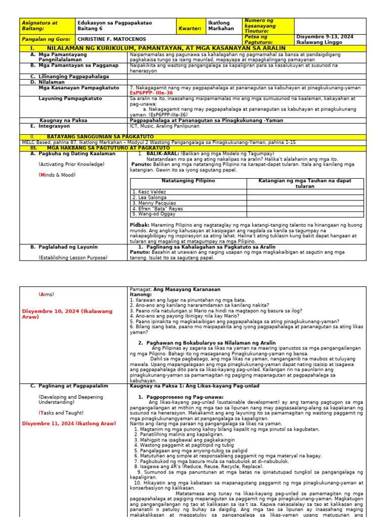 Lesson Exemplar - ESP 6 Q3 W2 | PDF