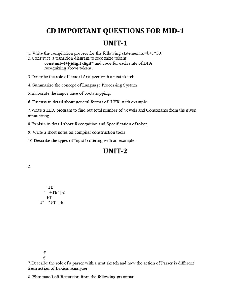 CD - Important Questions For MID-1 - 2024-25 | PDF | Parsing | Syntax ...