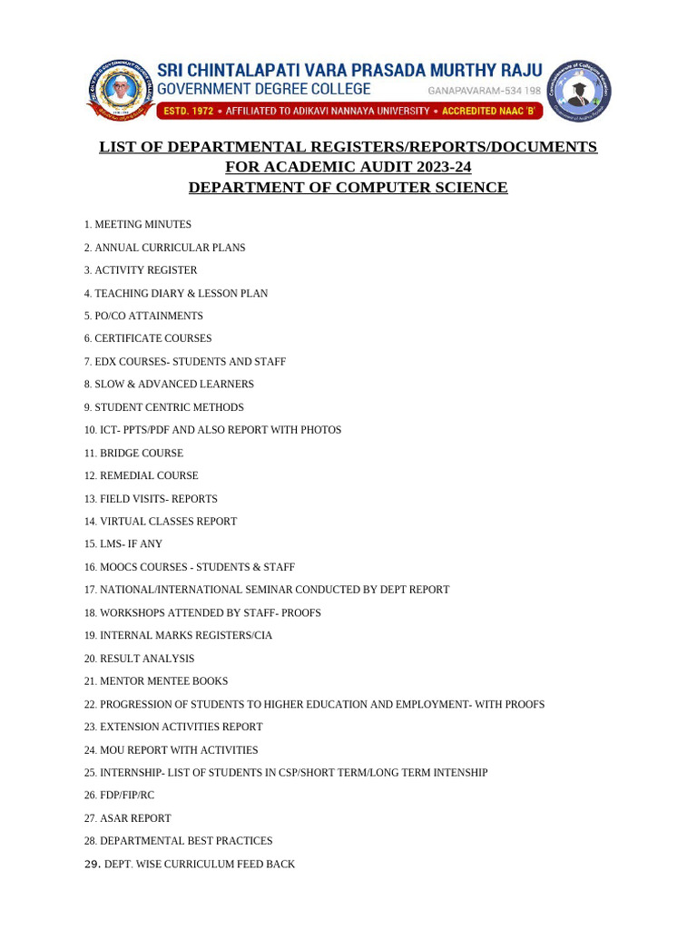 Internal Audit Check List-Computer Science-2023-24 | PDF