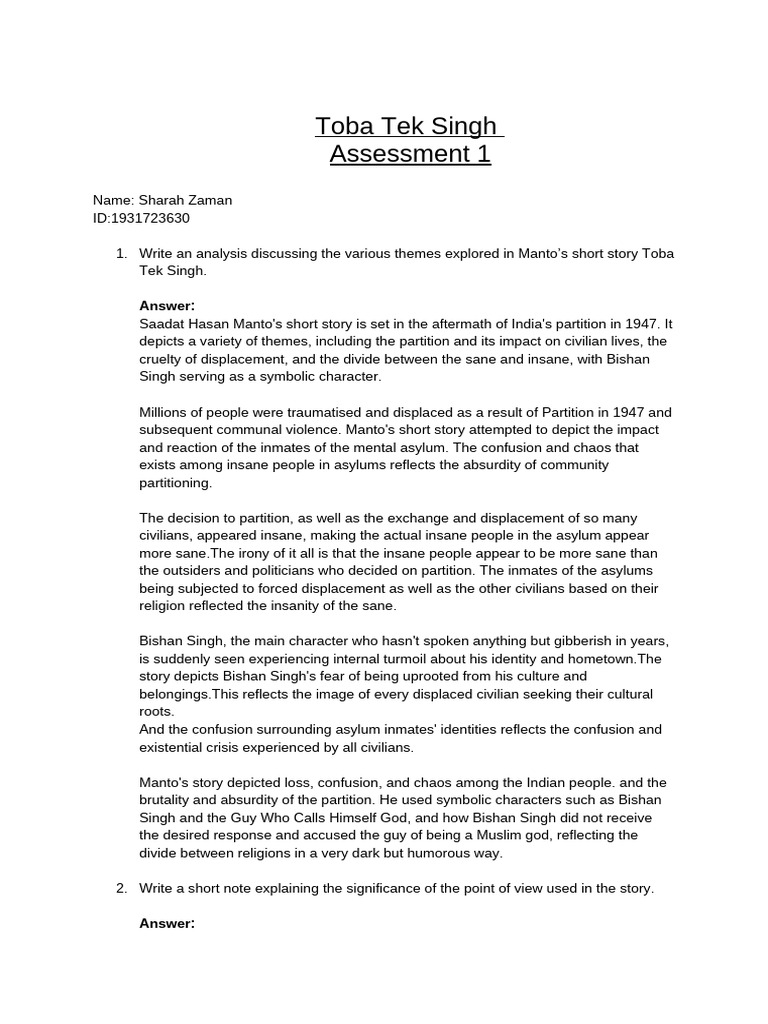 Short Story - Toba Tek Singh - Assessment 1 | PDF | Partition Of India