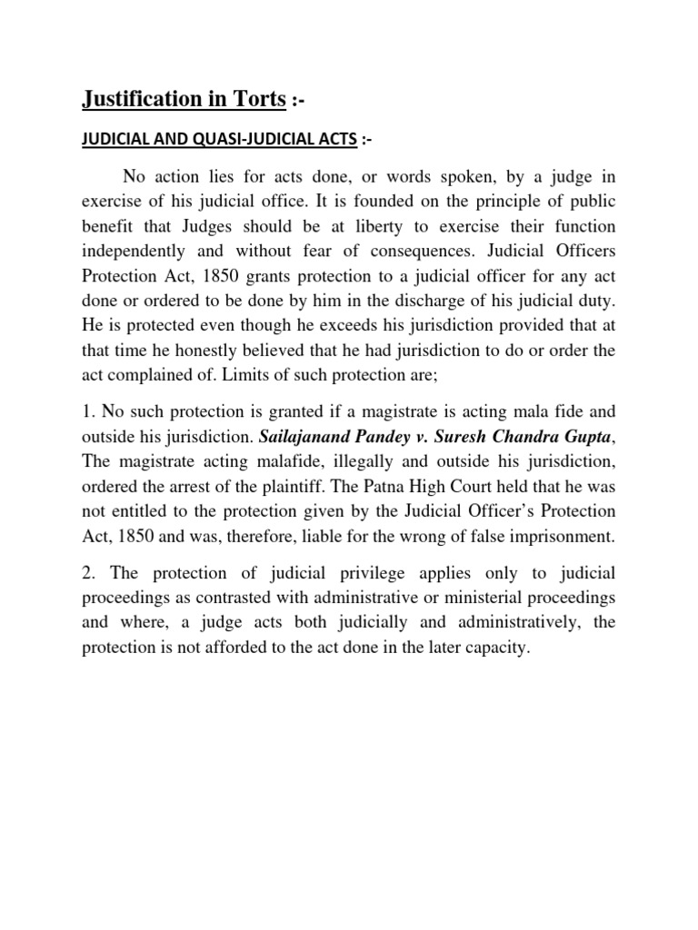 Justification in Torts - Judicial and Quasi Judicial Acts | PDF