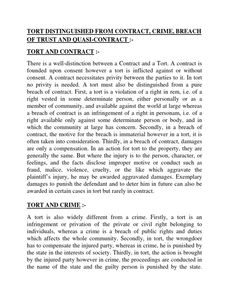 Torts Distinguished Contract, Crime, Breach of Trust and Quasi Contract ...