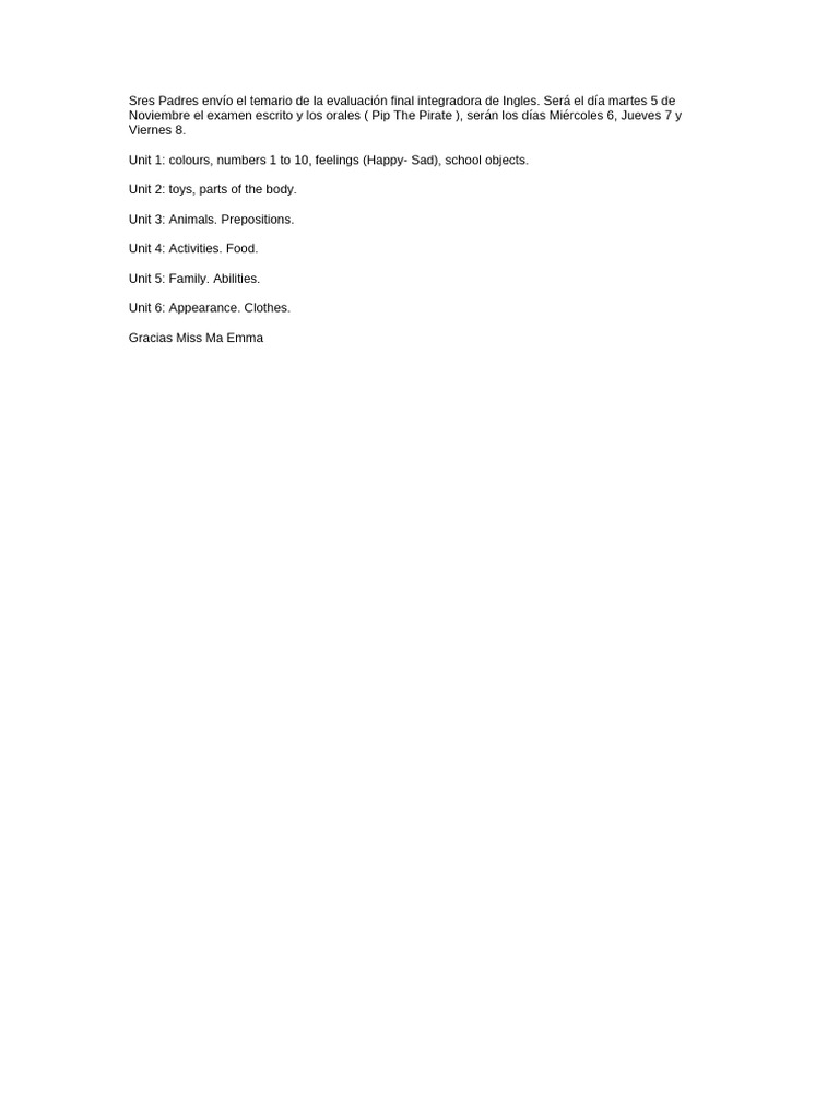 1er Grado. Temario Evaluación Final Integradora de Ingles | PDF