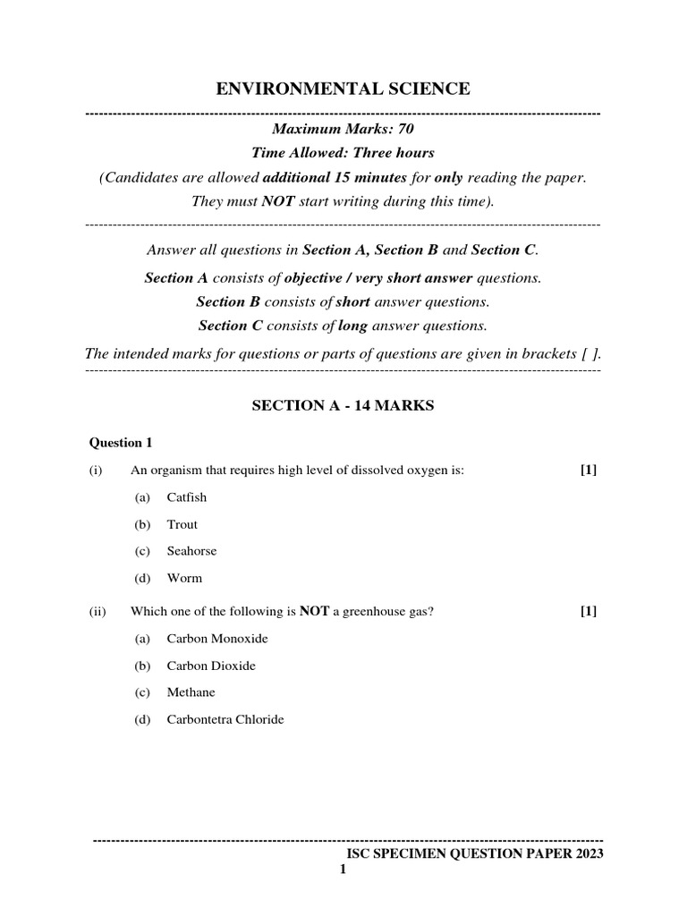 ISC Class 12 Environmental Science Paper 1 Theory Question Paper 2023 | PDF | Earth Sciences ...