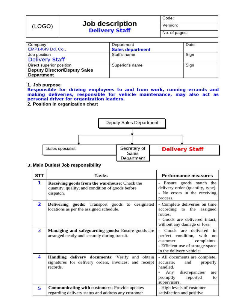 Delivery Staff Job Description and Duties | PDF | Safety | Occupational ...