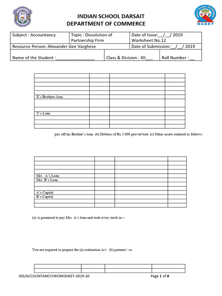 Worksheet-12 Dissolution of Partnership Firm | PDF | Debits And Credits ...