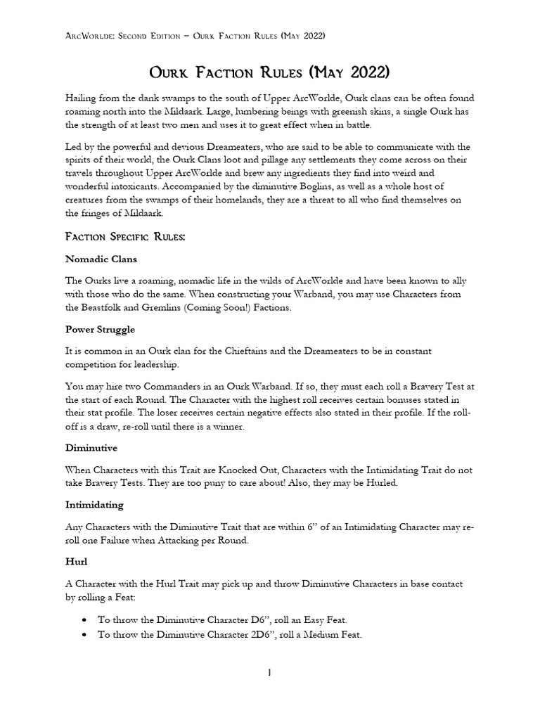 ArcWorlde - Ourk Faction Rules May 2022 | PDF