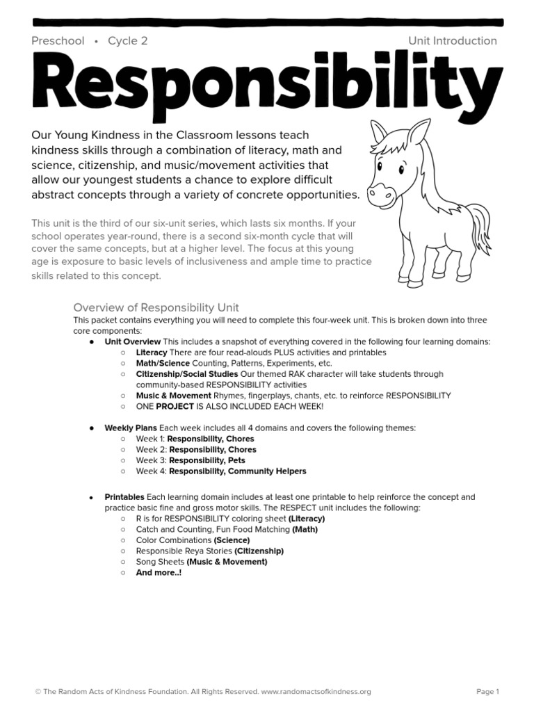 Preschool Unit on Responsibility Skills | PDF