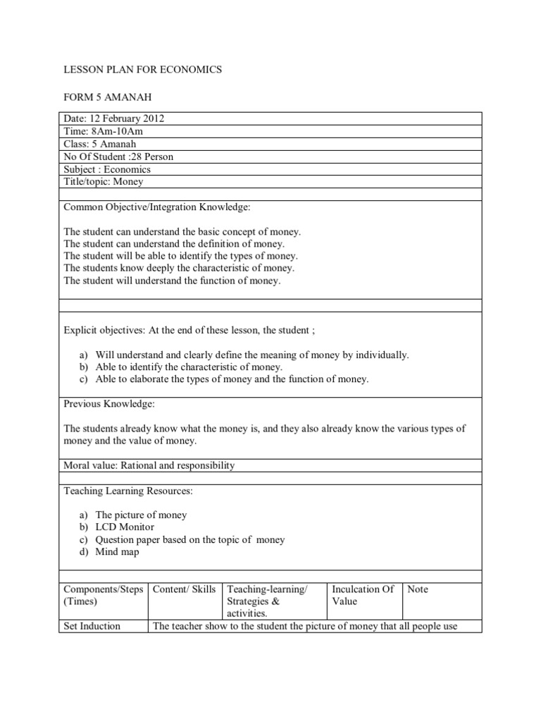 Lesson Plan for Economics | Money | Lesson Plan | Free 30-day Trial ...