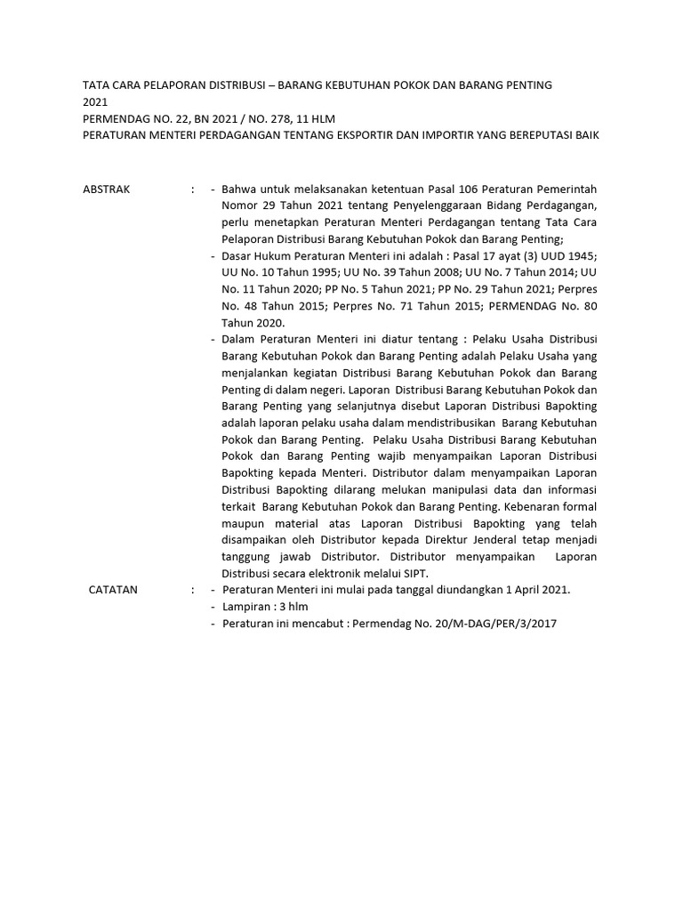 Abstraksi Permendag 22 Tahun 2021 | PDF