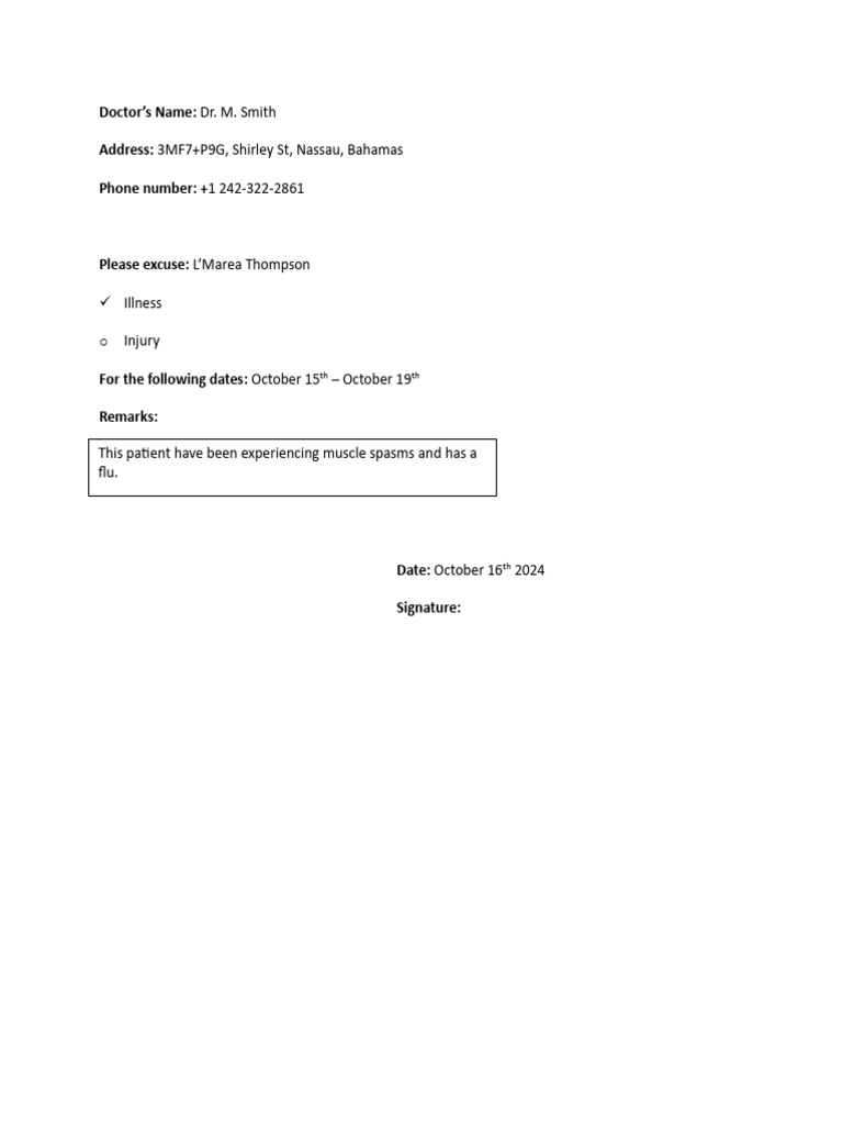 Doctor's Name: Address: Phone Number: +: Dr. M. Smith 3MF7+P9G, Shirley ...