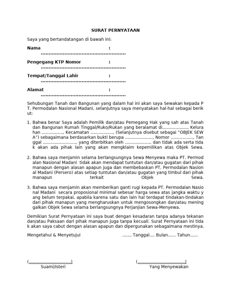 Surat Pernyataan Legalitas Non SHM | PDF