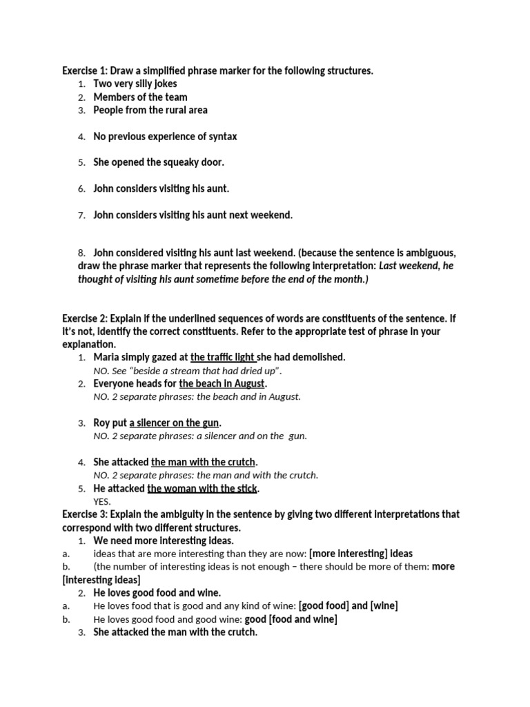 Phrase Marker Exercises & Ambiguity Analysis | PDF