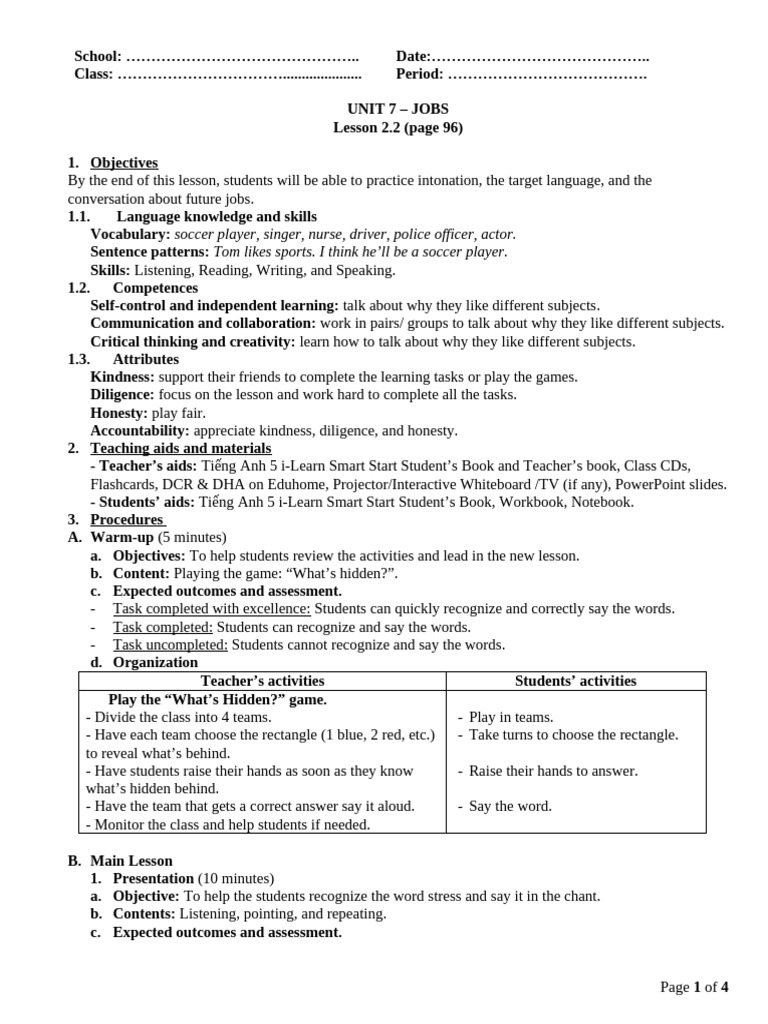 Unit 7 - Lesson 2.2 - Page 96 | PDF | Teachers | Homework