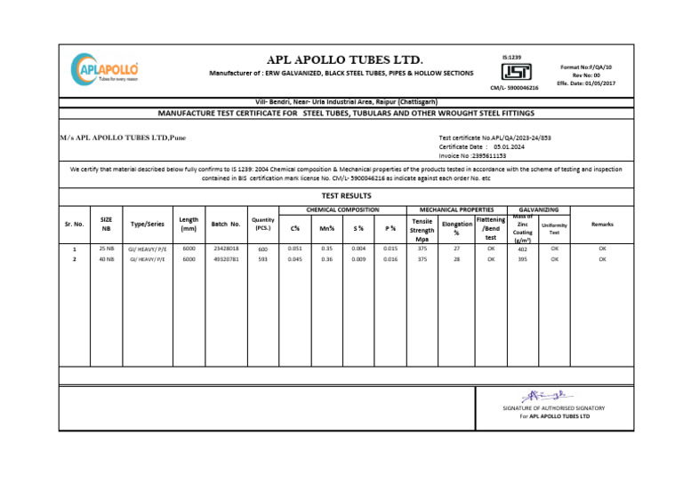 Apl Apollo Tubes LTD.: Manufacture Test Certificate For Steel Tubes ...