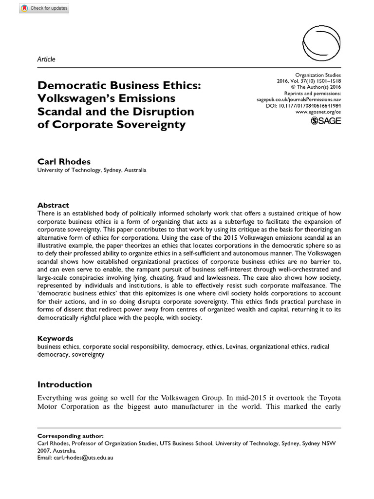 Rhodes 2016 Democratic Business Ethics Volkswagen S Emissions Scandal ...