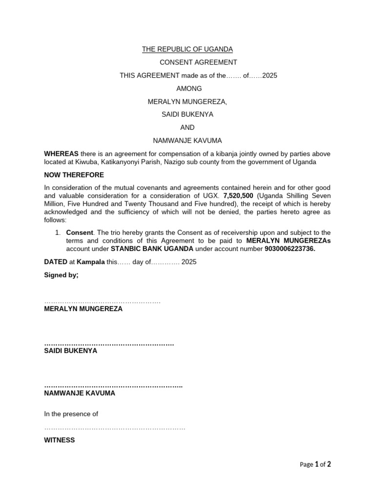 Uganda Kibanja Compensation Agreement | PDF