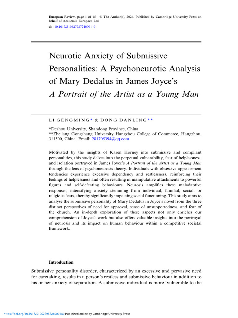 Neurotic Anxiety Of Submissive Personalities A Psychoneurotic Analysis