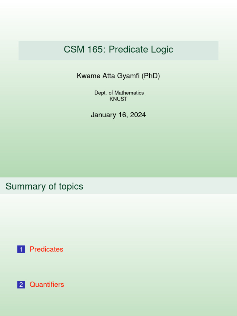 (Handout) Predicate Logic - 240123 - 212401 | PDF | First Order Logic | Logic