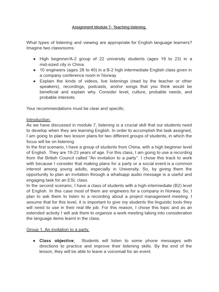 Module 7, Teaching Listening. | PDF | Reading Comprehension | English ...