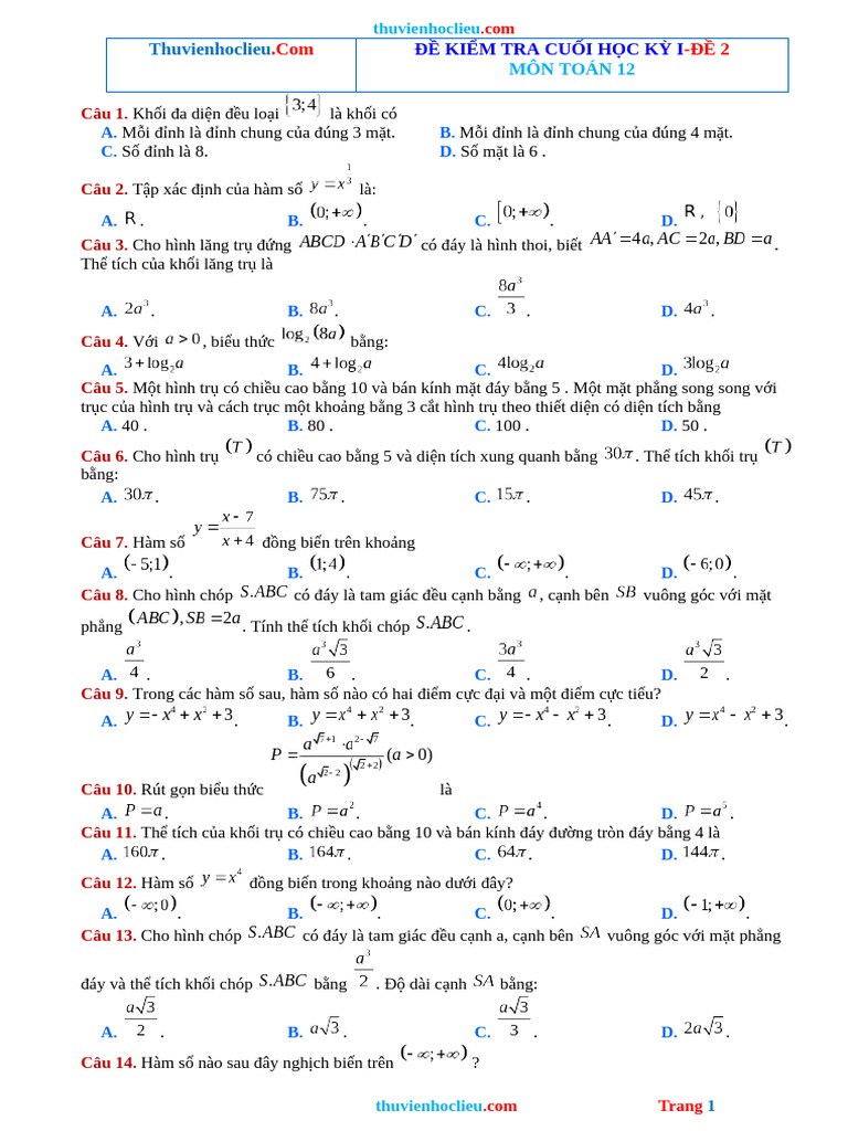 De On Thi HK1 Toan 12 Nam 22 23 de 2 | PDF