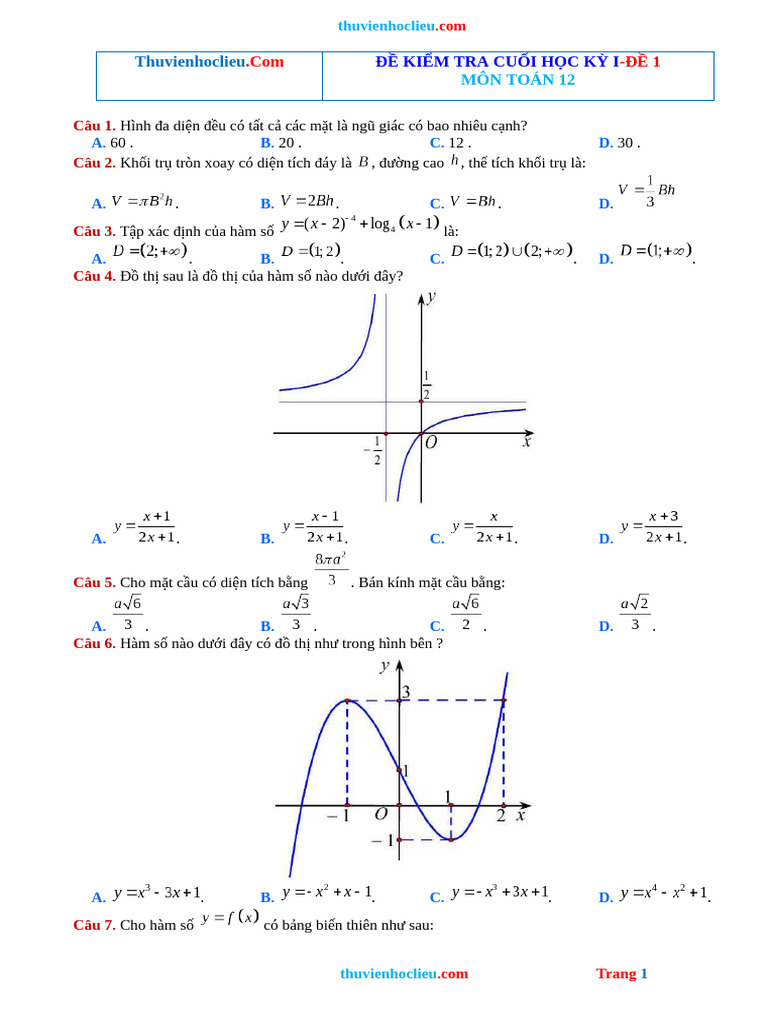 Thuvienhoclieu.com de on Thi HK1 Toan 12 Nam 22 23 de 1 | PDF