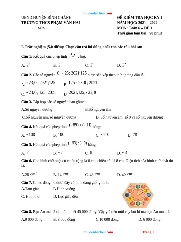 Thuvienhoclieu.com de Thi HK1 Toan 6 CTST THCS Pham Van Hai Binh Chanh HCM 21 22. | PDF